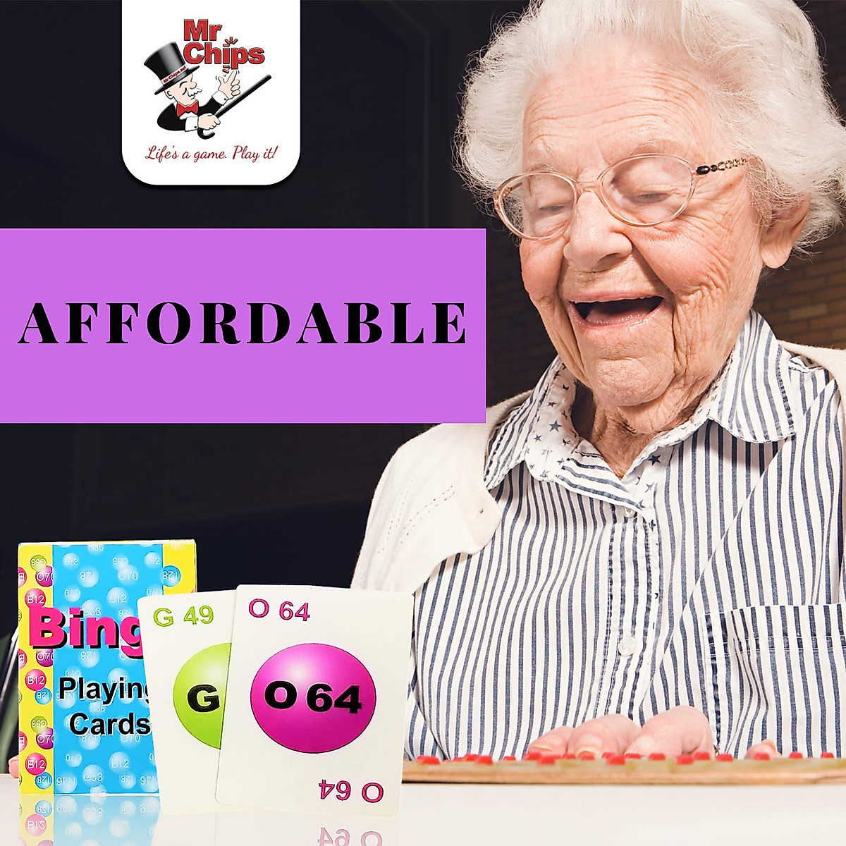 MR CHIPS Jam-Proof Bingo Cards with Sliding Windows 10 Pack Plus Calling Deck of Card