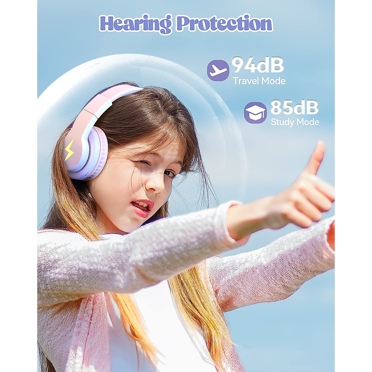 Kids Bluetooth Headphones, Colorful Wireless Over Ear Headset with LED Lights, Built-in Mic, 45H Playtime, 85dB/94dB Volume Limited Headphones for Boys Girls iPad Tablet School Airplane Pink Purple