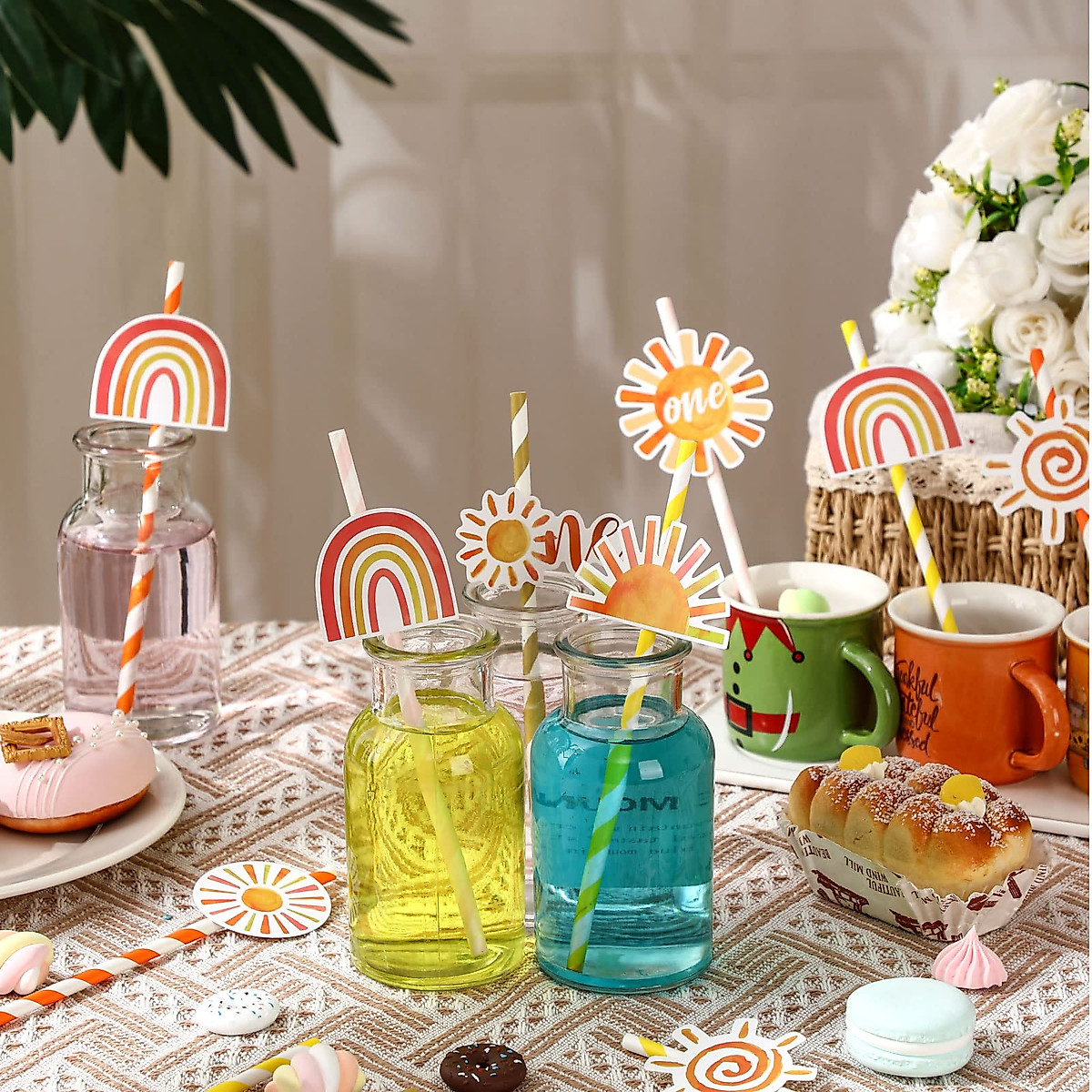 Perkoop 60 Sets First Trip Around the Sun Birthday Party Paper Straws Sun Themed Stripes Straws Rainbow Drinking Straws for Sun 1st Birthday Theme Party Baby Shower Favors Decorations