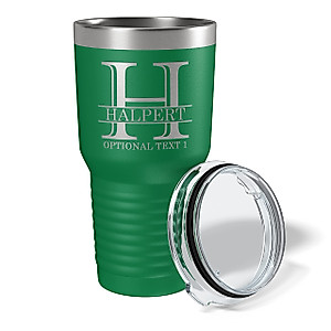 Personalized 30oz (17 Colors) Powder Coated Insulated Stainless Steel Tumbler with Lid, Custom Etched, Customized Engraved Gift Idea for Women Men Her Him, Halpert Monogram Initial Name (Green)