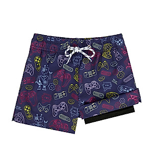 Century Star Boys Swim Trunks with Compression Liner Quick Dry Boys Bathing Suit Toddler Swim Trunks Beach Board Shorts Swimwear Games Console 8-9 Years