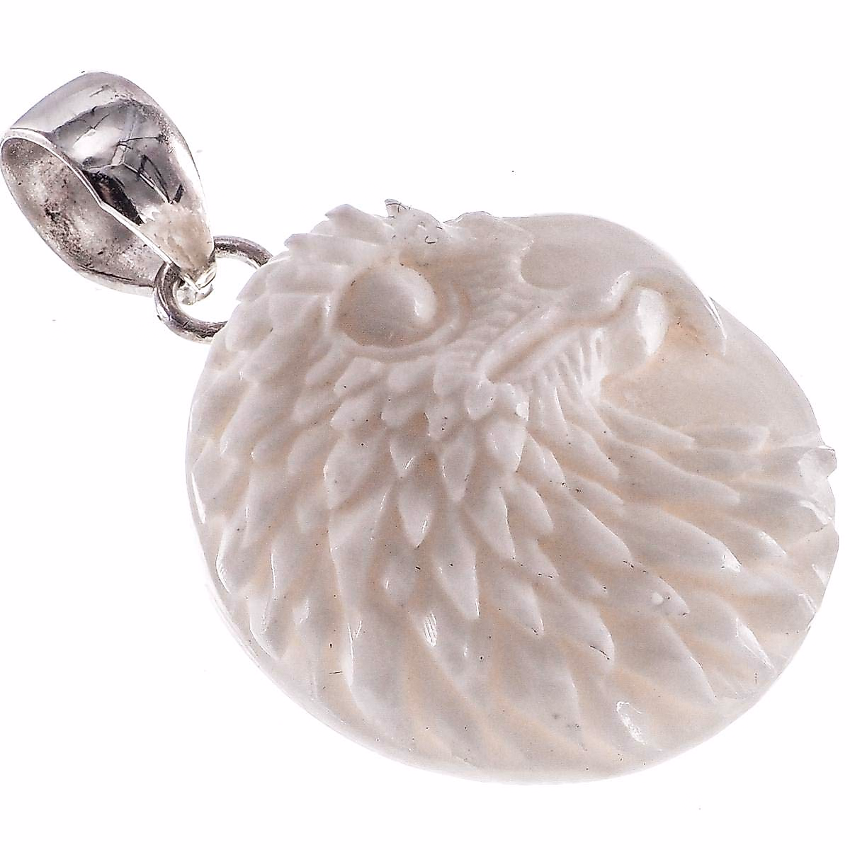 Eagle Head Hand Carved In Bison Bone 925 Sterling Silver Pendant, 1 1/4"