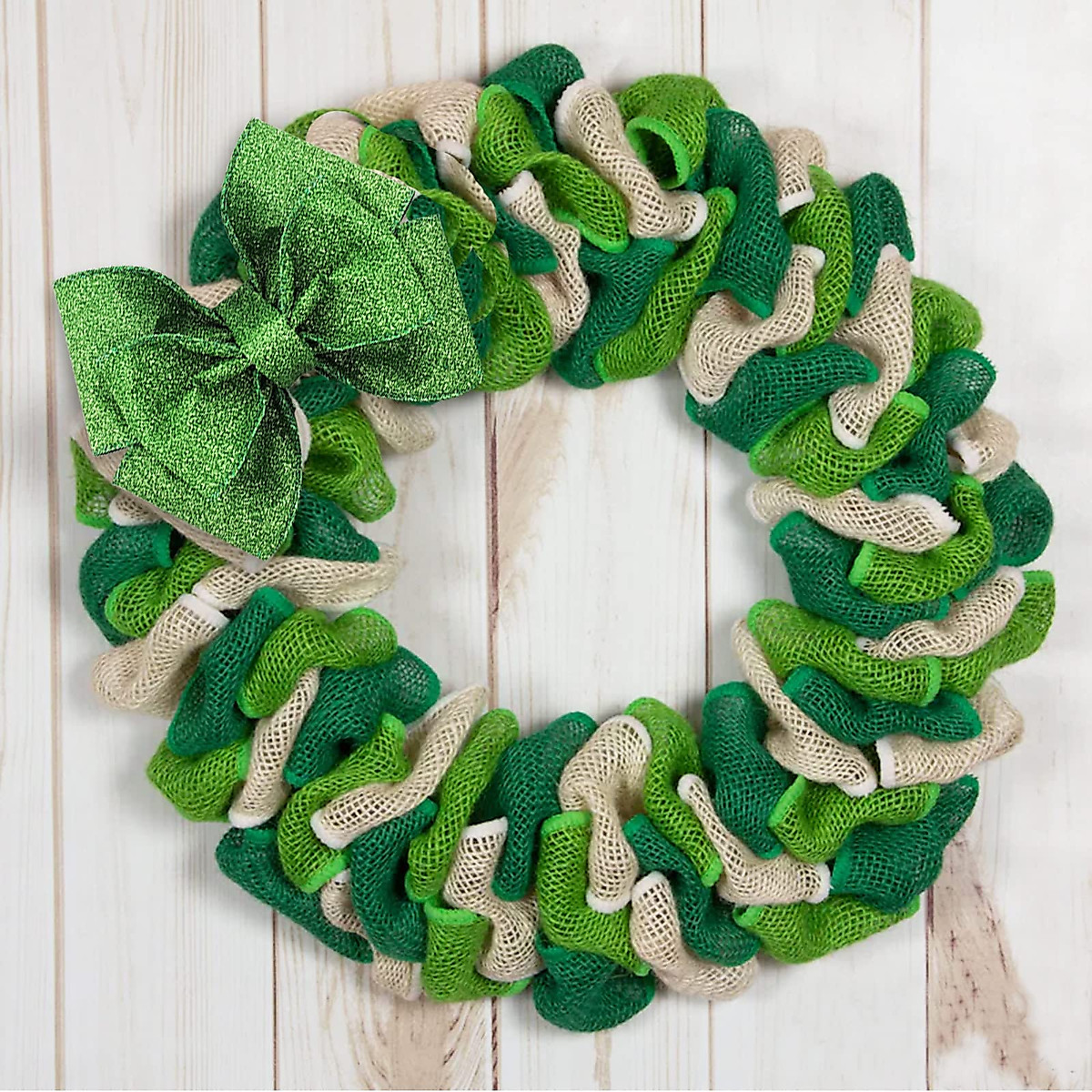 Whaline 2 Rolls St Patrick's Day Wired Ribbon Glitter Green Stain White Shamrock Craft Ribbons Linen Like Polyester Wrapping Ribbon for Home Craft Decoration Gift Bow Party Supply 2.5 Inch x 10 Yards