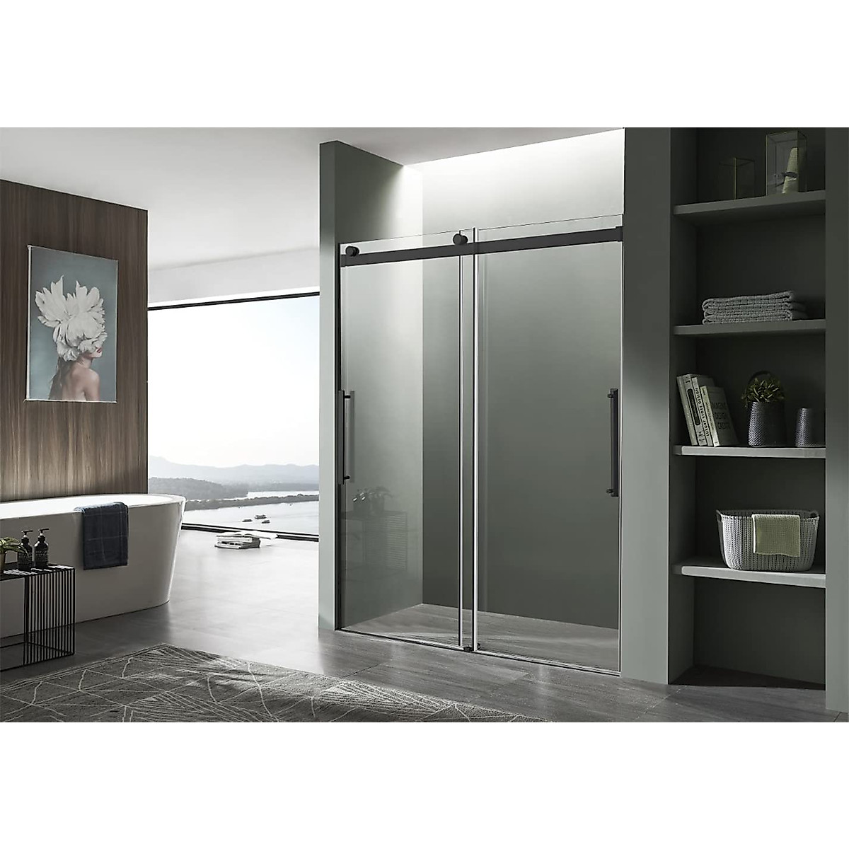 ANZZI 76" x 60" Frameless Shower Door in Matte Black, Stella Water Repellent Glass Shower Door with Seal Strip Parts and Handle, Easy Glide Rollers Sliding Shower Door (SD-FRLS05902MB)