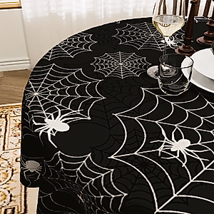 AUSHENKE Halloween Polyester Tablecloth Fabric Round Black Spider Web Tablecloth Halloween Round Washable Table Cover for Halloween Dinning Table Decorations, 55 Inch