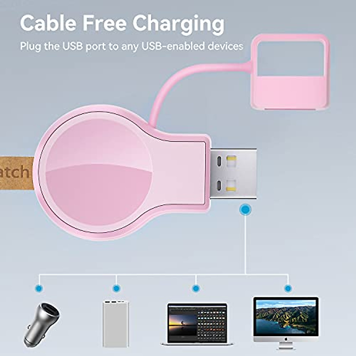 LVFAN Charger for Apple Watch, Portable iWatch Charger USB Wireless Charger Fast Charging Magnetic Cordless Car Travel Charger for Apple Watch Series 8 7 6 5 4 3 2 1 SE (Pink)