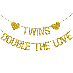 Ambishi Twins Double The Love Banner, Twins Baby Shower/Twins Birthday/Engagement/Wedding Party Decorations (Gold Gliter)