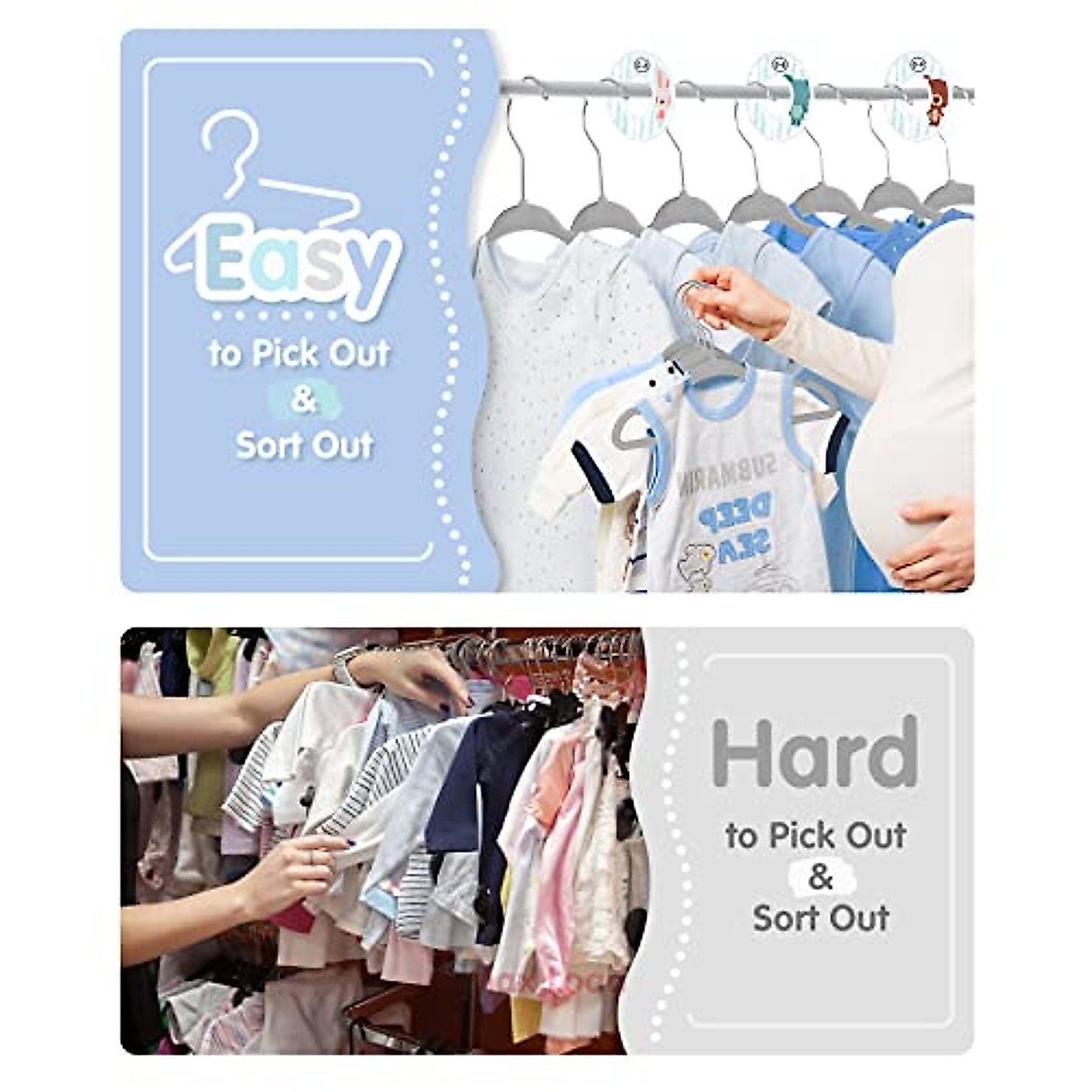 Kids Velvet Hangers, VIS'V 11 Inch Gray Non-Slip Baby Clothes Hangers with 6 Pcs Cute Clothing Dividers for Infant Toddler Boys & Girls Closet Organizer - 30 Pack