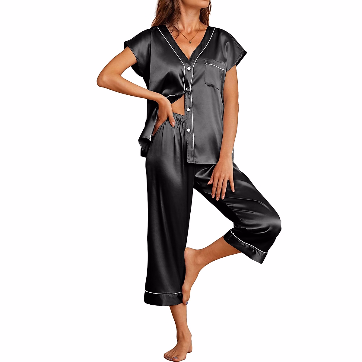 Ekouaer Satin Pajama Set Womens Short Sleeve V Neck Silky Shirt with Capri Pants Button Down PJs Soft Silky Loungewear Black XXL