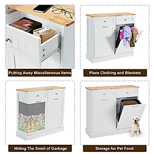 GTQuality Double Tilt Out Trash Cabinet, Dual Kitchen Trash Bin Cabinet with Hideaway Drawer, Wooden Free Standing Recycling Cabinet Garbage Can Holder Pet Proof(White)