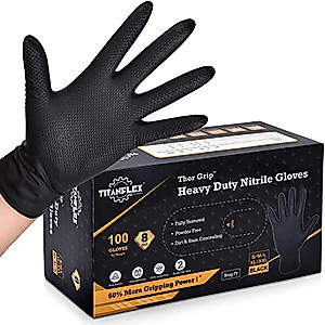 TITANflex Thor Grip Heavy Duty Black Industrial Nitrile Gloves, 8-mil, XL, Box of 100, Latex Free, Raised Diamond Texture, Powder Free, Food Safe, Rubber Gloves, Mechanic Gloves