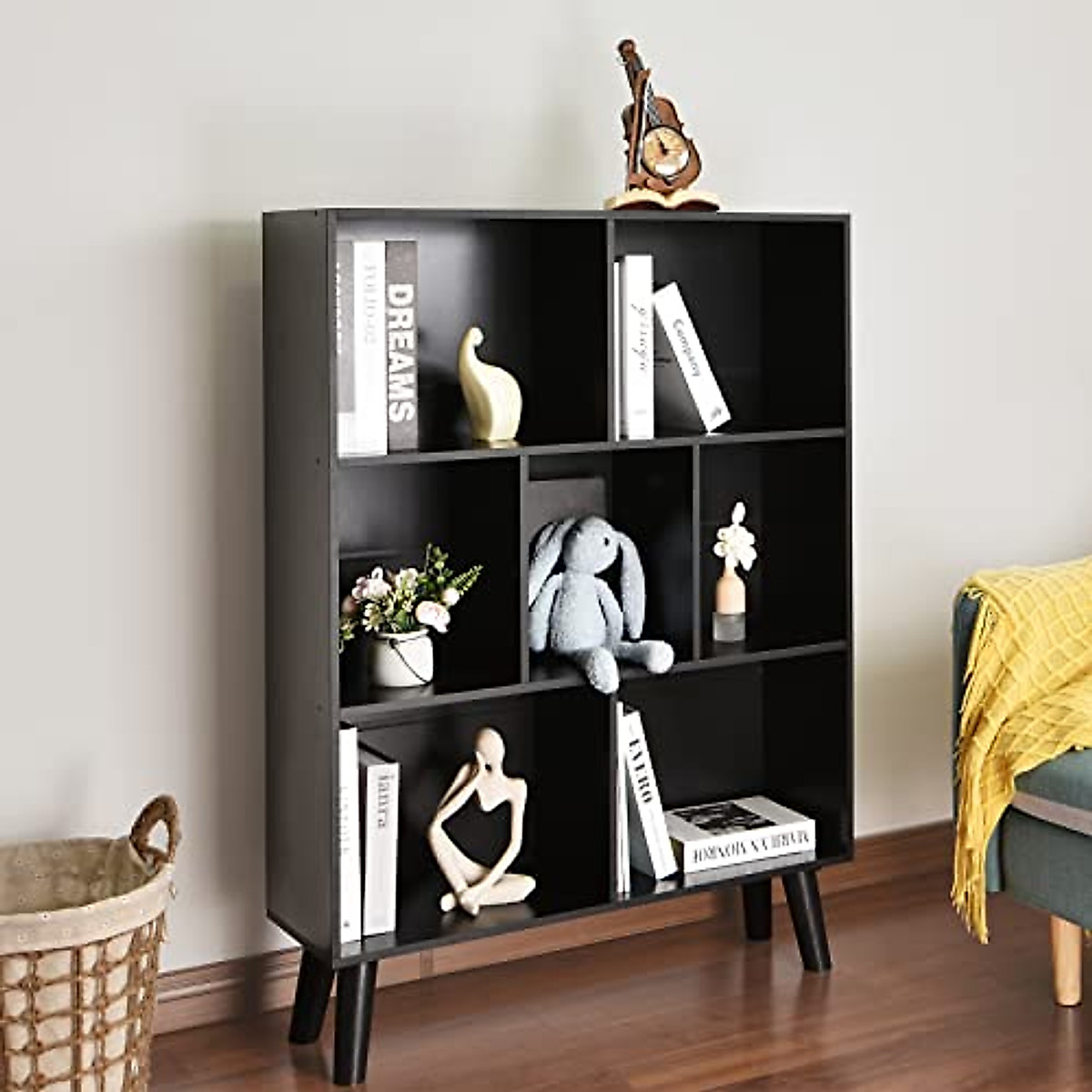 YAHARBO Black Bookshelf,3 Tier Modern Bookcase with Legs,Bookshelves Wood Storage Shelf,Rustic Open Book Shelves Cube Organizer,Free Standing Short Bookcases for Small Space,Bedroom,Living Room,Office