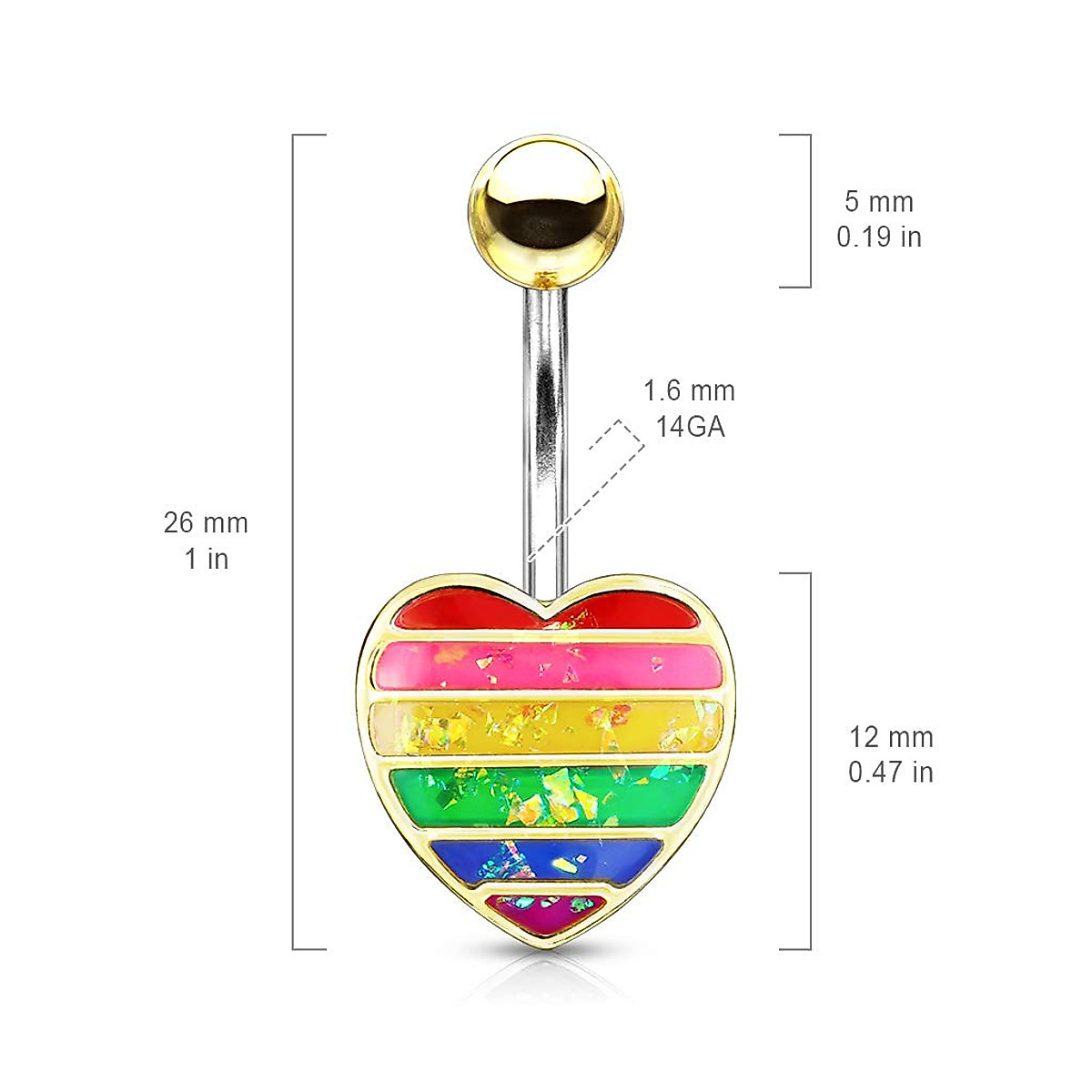 Pierced Owl Rainbow Gay Pride Synthetic Opal Glitter Heart Belly Button Navel Ring (Rose Gold Tone)