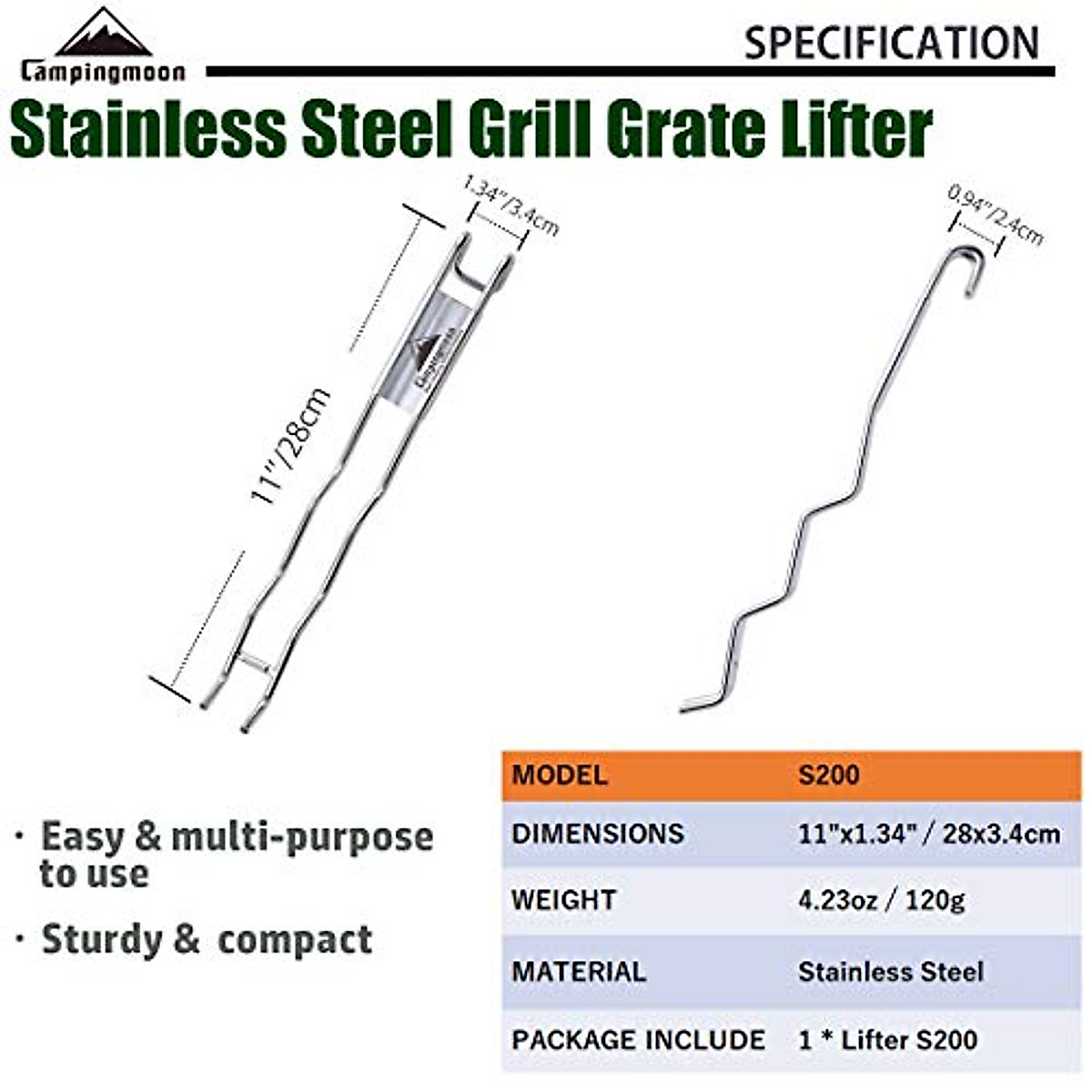 camping moon CAMPINGMOON 11 inch Anti-Scald Stainless Steel Barbecue Cooking Grill Grate Lifter S200