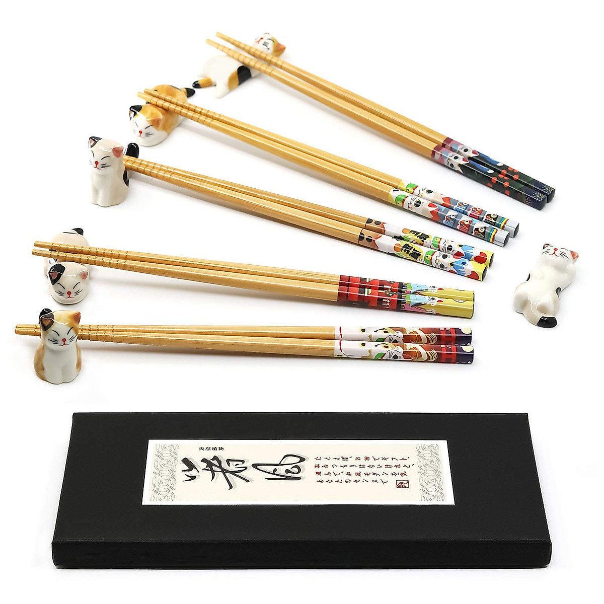 5 Pairs Chopsticks and 6 Cute Lucky Cat Chopstick Holders, Classic Japanese Style Reusable Bamboo Natural Non-Slip Chopsticks, Dishwasher - Safe, Kawaii China Chopsticks Rest Gift Set(Lucky Cat)