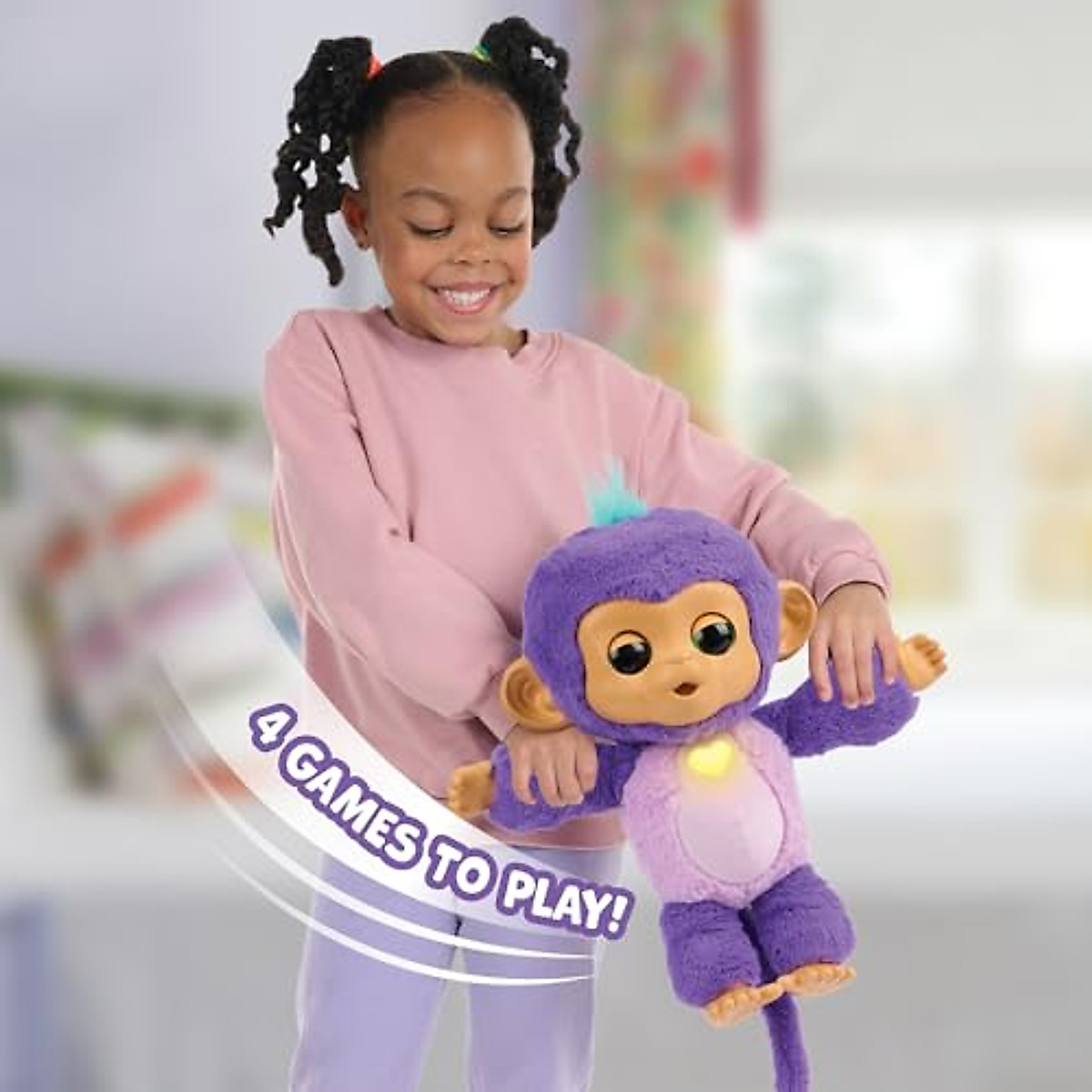 Fingerlings Care ‘n’ Cuddles Interactive Baby Monkey, Sunny (Purple), Toys for 3 Year Olds, 150+ Sounds and Reactions, Heart Lights Up