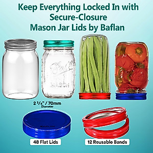 Regular Mason Jar Lids & Rings – 60 Pc. Replacement Mason Jar Lids Set of 48 Lids & 12 Bands – Colorful Baflan-Brand Kerr & Ball Mason Jar Lids with Regular Mouth for Canning Supplies, Crafts, & More
