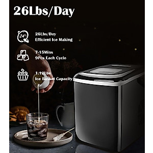 EVAMOKE Ice Makers Countertop with Handle, Nugget Ice Cubes Ice Machine with Basket and Ice Scoop, Portable Ice Maker 9 Cubes Ice Black Mini Bullet Ice Maker Small, Ice Maker for Home&Kitchen&Office