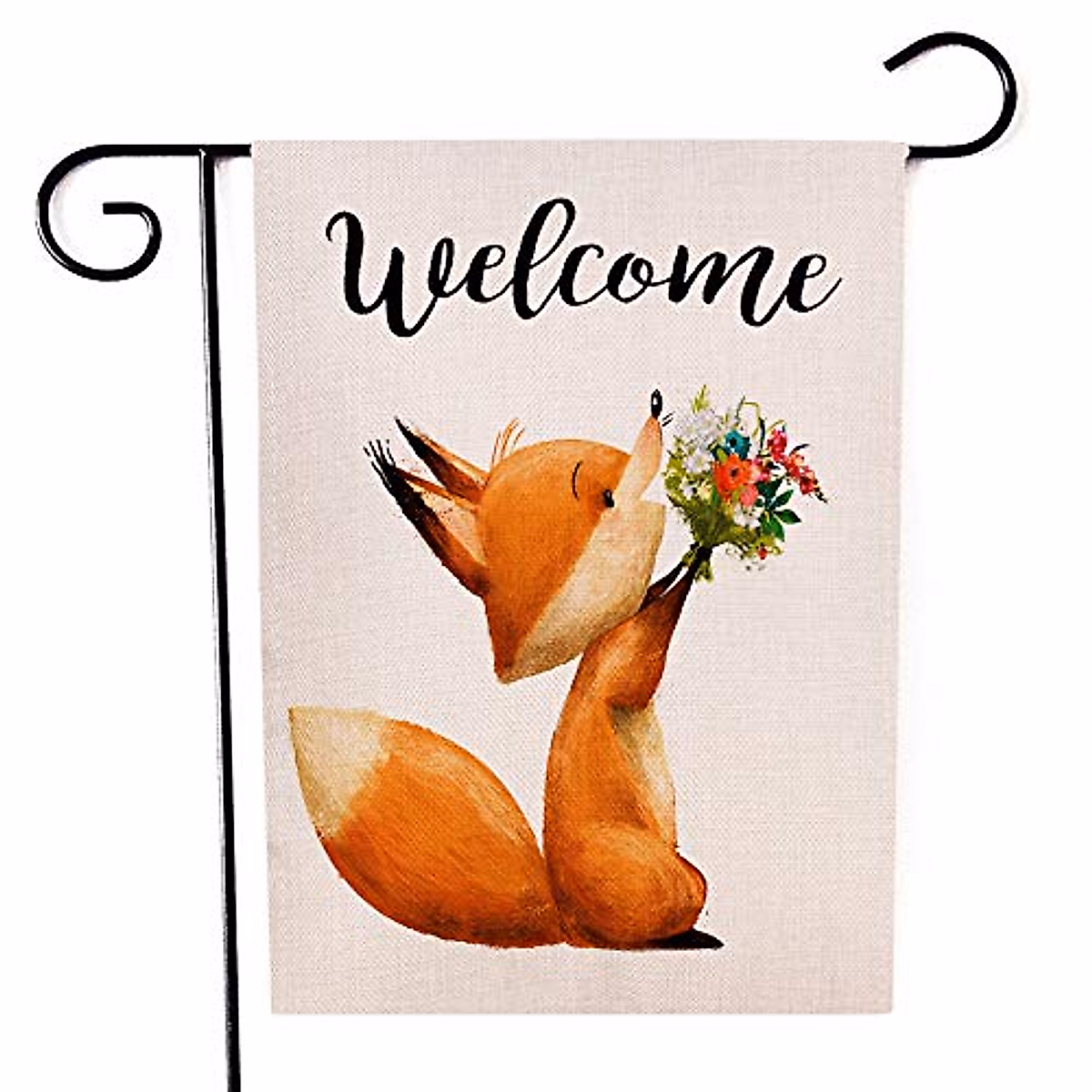 Welcome Garden Flag Cute Little Fox with Floral Bouqet Double Sided Decorative Small Yard Decor Flags 12 X 18 Inch