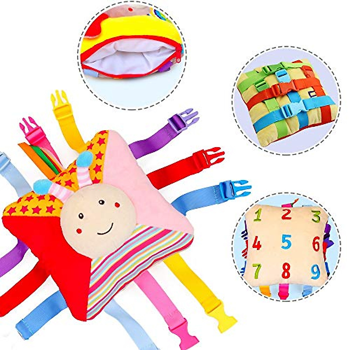 Sensory Pillow Toys for Toddlers, Activity Learning Fine Motor Skill Travel Toy with Buckle for Baby Kid Children Built-in Bell Plush Counting Numbers Buckles Symbol and Numbers (Bee)