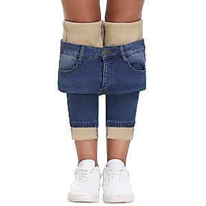 AMRSPENG Women's Fleece Lined Jeans Winter Flannel Lined Pants Thicken Stretch Warm Thermal Skinny Jeans,Dark Blue, Size 12