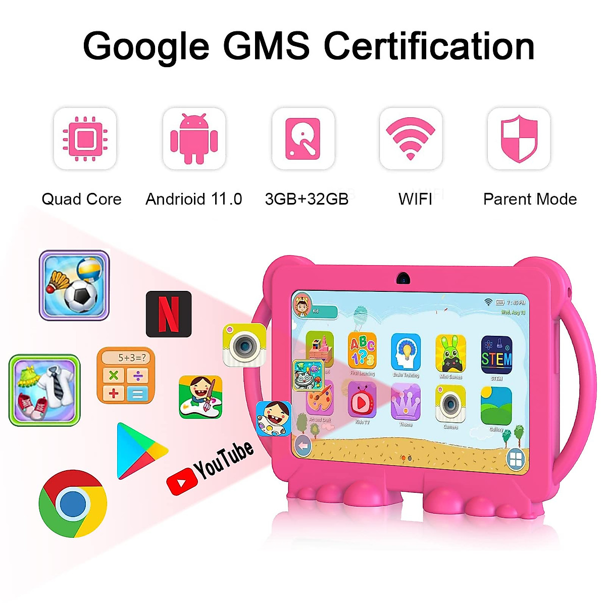 NORTH BISON Kids Tablet, 7 inch Android 11.0 Tablet for Kids, 3GB 32GB Toddler Tablet with Bluetooth-Pink