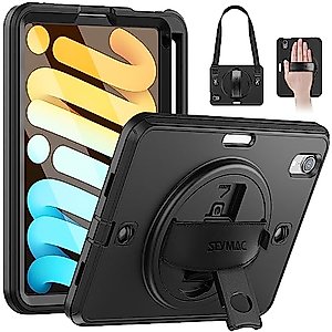 SEYMAC iPad Mini 6 Case 2021 Mini 6th Generation Case, Shockproof Protective Mini 6 Kids Case with Pencil Holder Screen Protector Hand Strap Stand Case for iPad Mini 6th Gen 8.3 Inch 2021, Black