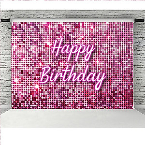 Lofaris Pink Flash Square Backdrop for Photography Happy Birthday Shinning Sequin Wall Panels Shimmer Wall Sweet 16 Girl Woman 20th 30th 40th Party Background Decorations Photo Studio Props 7x5ft
