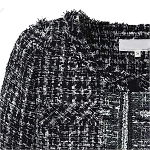 ebossy Women's Elegant Open Front Round Neck Fringed Plaid Tweed Jacket (Large, Black)