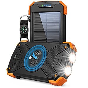 BLAVOR Solar Power Bank, Qi Portable Charger 10,000mAh External Battery Pack Type C Input Output Dual Super Bright Flashlight, Compass Carabiner, Solar Panel Charging (Orange)