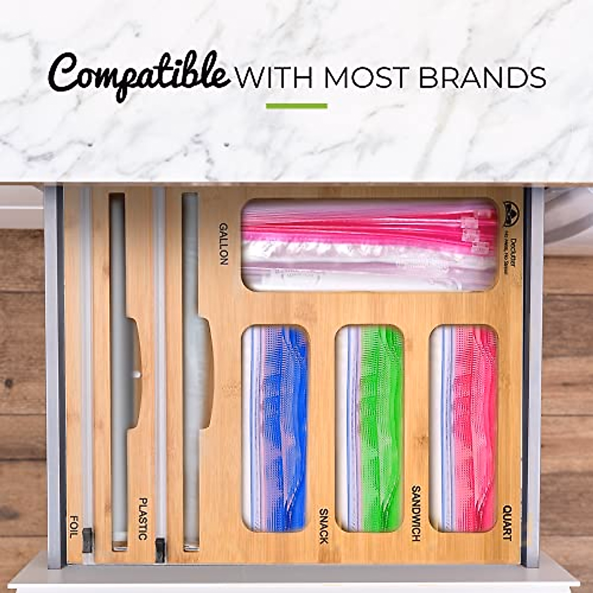 Declutter - Bamboo Ziploc Bag Organizer with Dual Dispensers and Cutters - Kitchen and Home Organization Tool for Gallon, Quart, Sandwich, Snack Bags - Fits in Kitchen Cabinets and Drawers