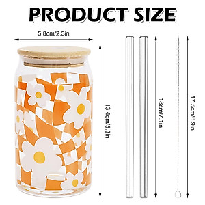Whaline 2 Pack Retro Floral Checkers Iced Coffee Cup Orange Boho Drinking Glasses Retro Flower Beer Can Glass with Lid Straw Cleaning Brush for Home Office Gifts,16oz
