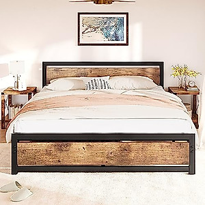 IDEALHOUSE Queen Size Bed Frame with Wooden Headboard and Footboard, Metal Queen Bed Platform No Box Spring Needed, 14 inch Easy to Assemble Noise Free Queen Bed Frame, Rustic Brown