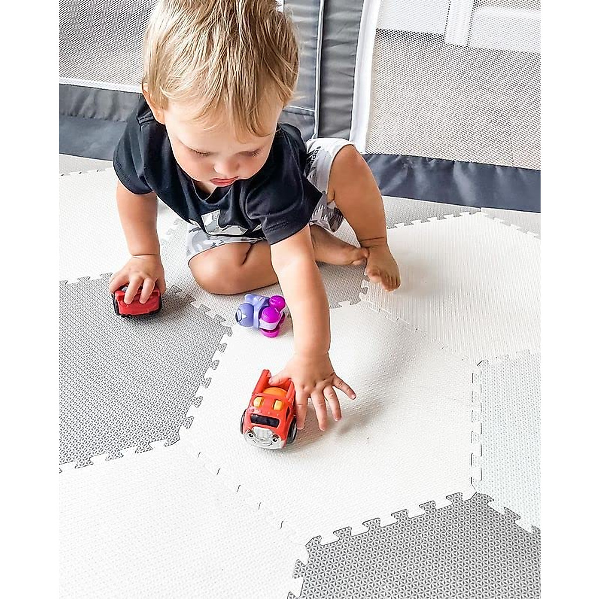 Baby Brielle Soft Non-Toxic Extra Thick Interlocking Hexagon Tile Foam for Babies and Toddlers - Exercise Mats for Crawling, Playing Grey & White Floor Mat for Nursery, Play Room - 48”x72”, 38 Pieces