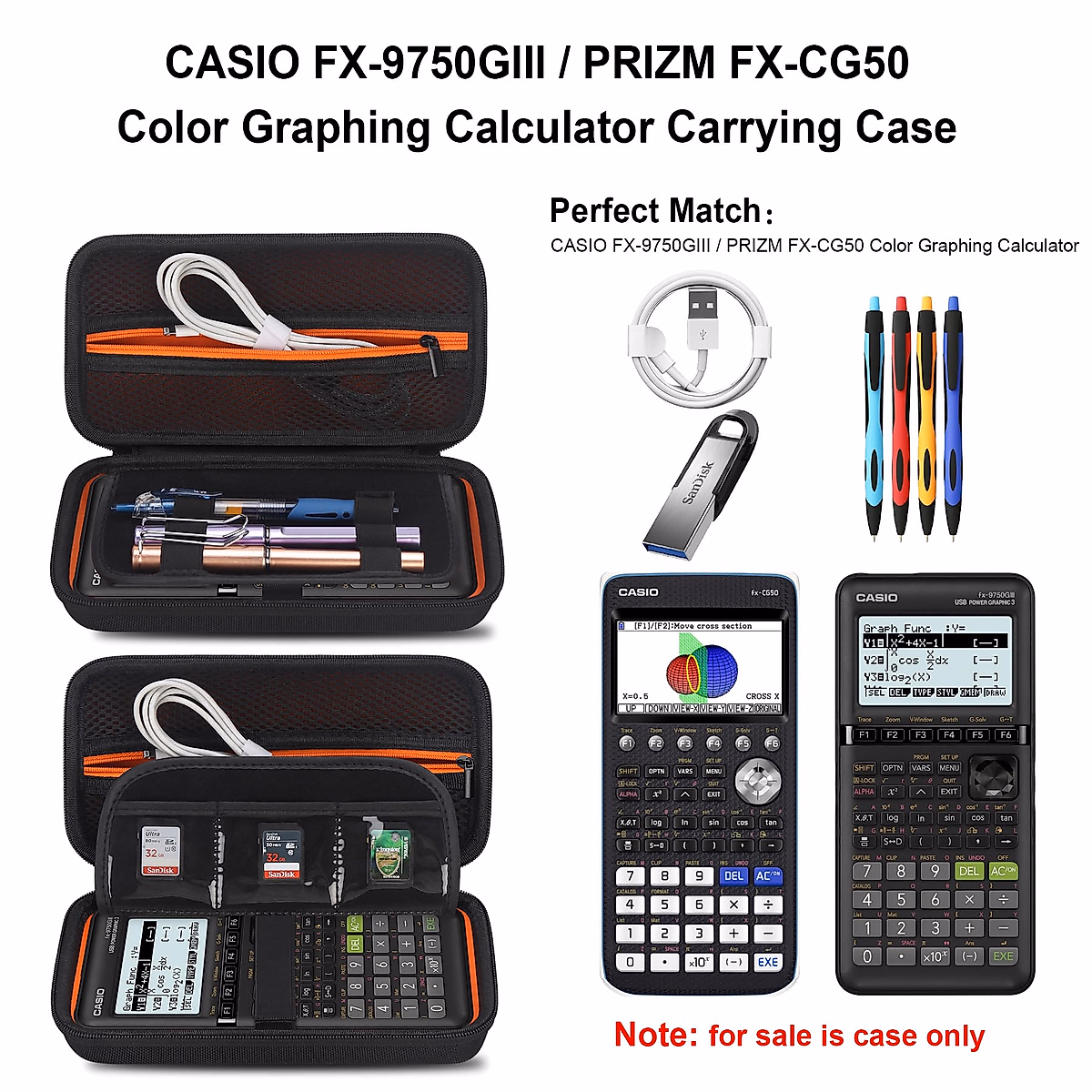 Elonbo Carrying Case for CASIO FX-9750GIII / PRIZM FX-CG50 Color Graphing Calculator, Extra Zipped Pocket Fits Charging Cable, Charger, Manual, Black