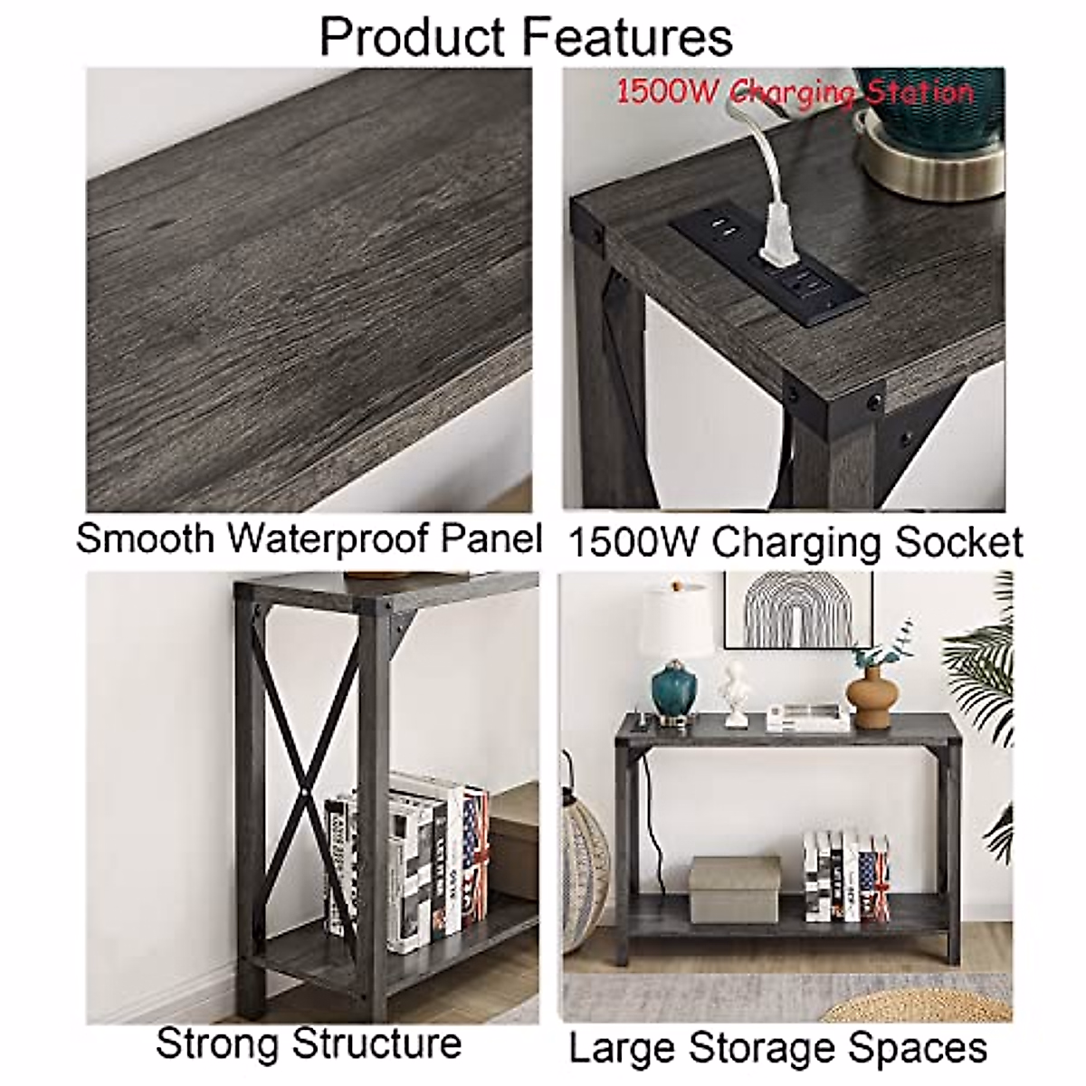 IRCPEN 42.5" Entryway Table with Charging Station, 2-Tier Skinny Sofa Table with Outlet, Industrial Console Table for Entryway, Living Room, Hallway, Foyer (Grey, 42.9" D x 11.8" W x 29.9" H)