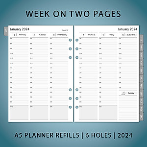 2024 Planner Refills - Weekly and Monthly Appointment Book Inserts, Tabbed, 6 Holes, A5 Size