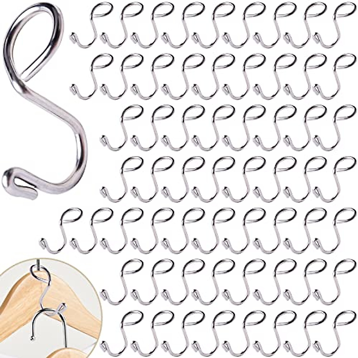 HolyMaji Metal Clothes Hanger Connector Hooks, 60 Pack Sturdy Hanger Extender Hooks, Space-Saving Clothes Hanger Connector Hooks, Stainless Steel Hooks for Hangers Closet Wardrobe