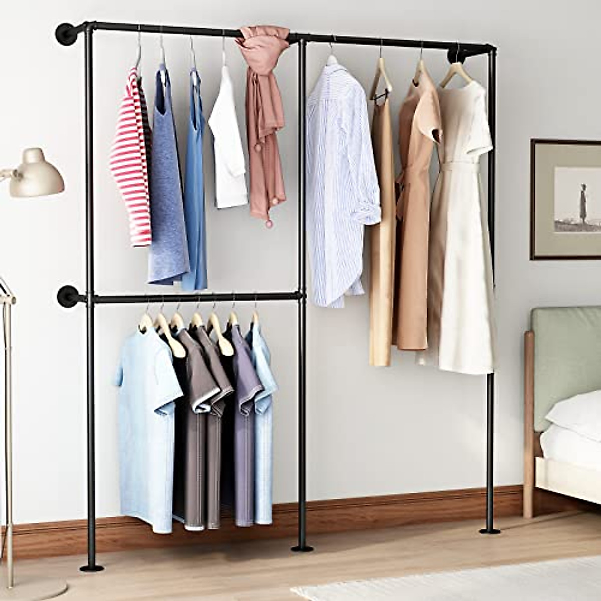 DR.IRON Industrial Pipe Clothing Racks with Double Bar, Industrial Black Clothes Racks Wall Mounted, Heavy Duty Closet Rods for Hanging Clothes Organizer Storage