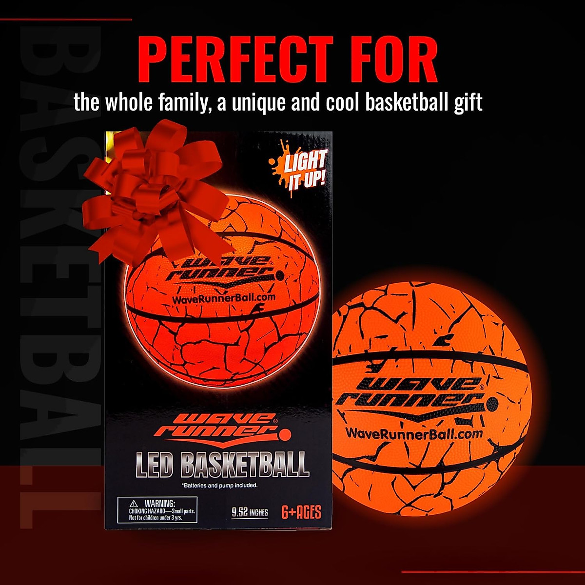 Wave Runner Glow in The Dark Basketball -Official Size 7 Light Up Toys for Night Ball Games, Regulation Size, Tap Activated - Ideal Glow Basketball Gifts and Toy Basketball (Orange w/Cracks)