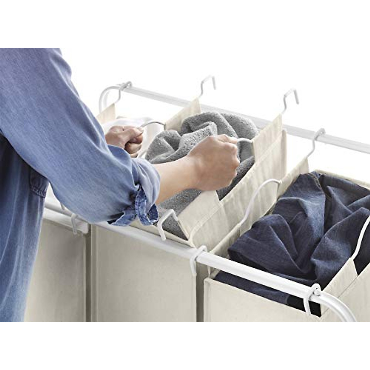 Whitmor Retro Triple 3 Removable Bags-White & Canvas Laundry Sorter, White/Canvas