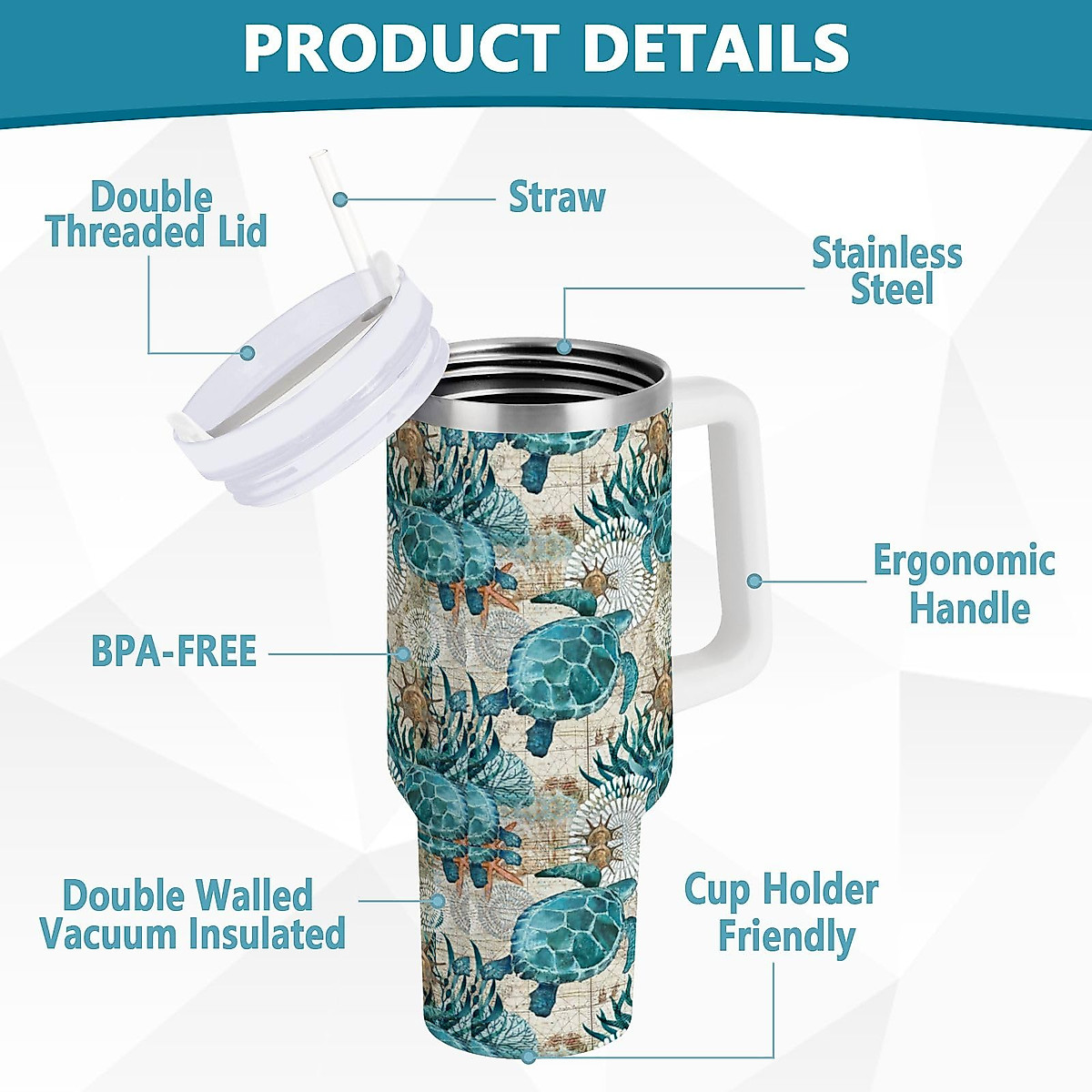 40 oz Insulated Coffee Tumbler With Lid and Straw Water Bottle Stainless Steel Tumbler for Men & Women Unique Gift Idea Sea Turtle Pattern 92