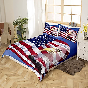 Erosebridal American Flag Bedding Set Bald Eagle Duvet Cover Patriot United States Flag Comforter Cover for Kids Teen Boys Independence Fourth of July Theme Quilt Cover with 2 Pillow Cases Queen Size