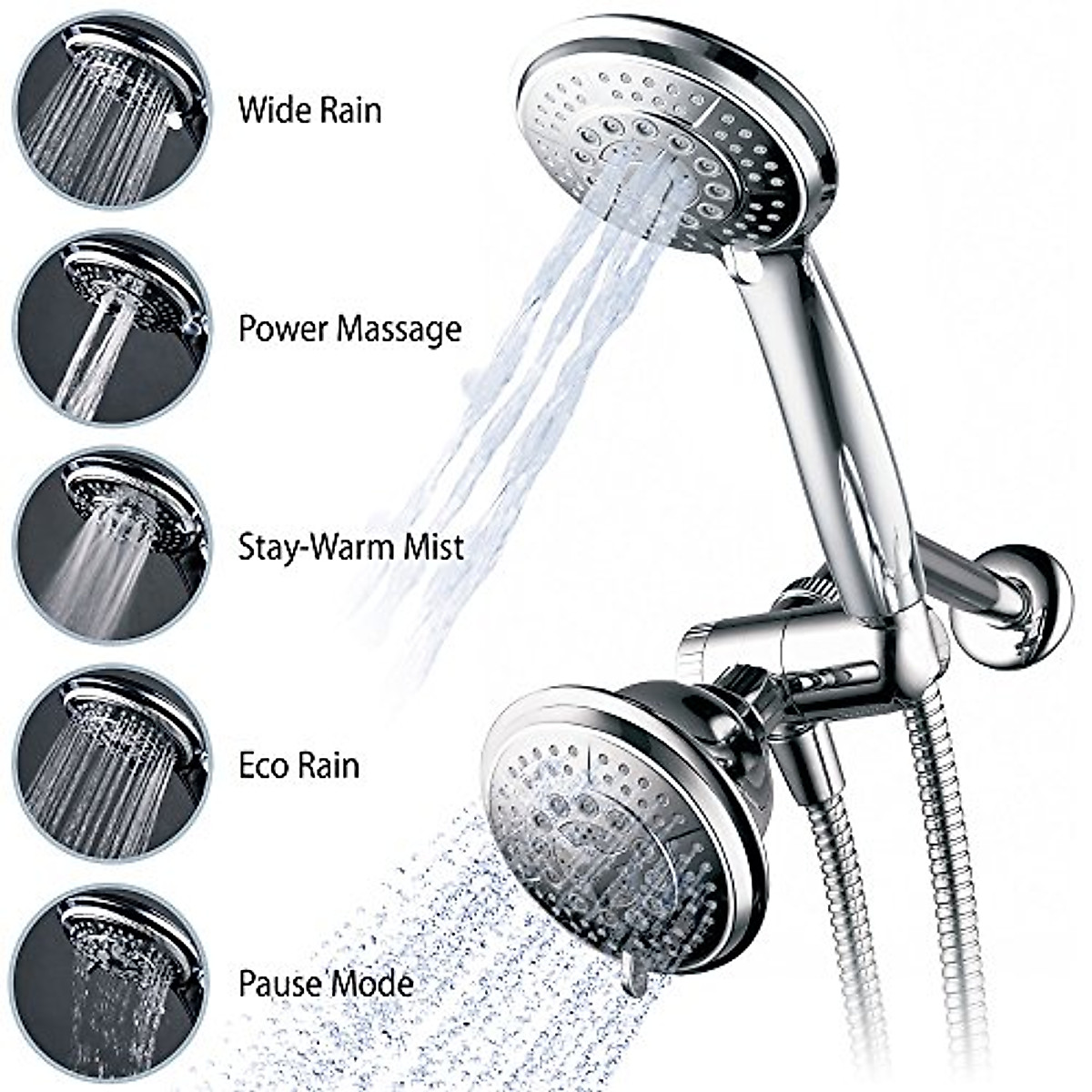 Hydroluxe 1433 Handheld Showerhead & Rain Shower Combo. High Pressure 24 Function 4" Face Dual 2 in 1 Shower Head System with Stainless Steel Hose, Patented 3-way Water Diverter in All-Chrome Finish