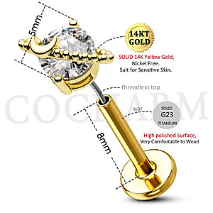 COCHARM 14K Gold Cartilage Earring Stud Yellow Gold 16g Flat Back Cartilage Stud 14K Solid Gold Push in Cartilage Piercing Stud Planet Labret Stud Gold Medusa Studs