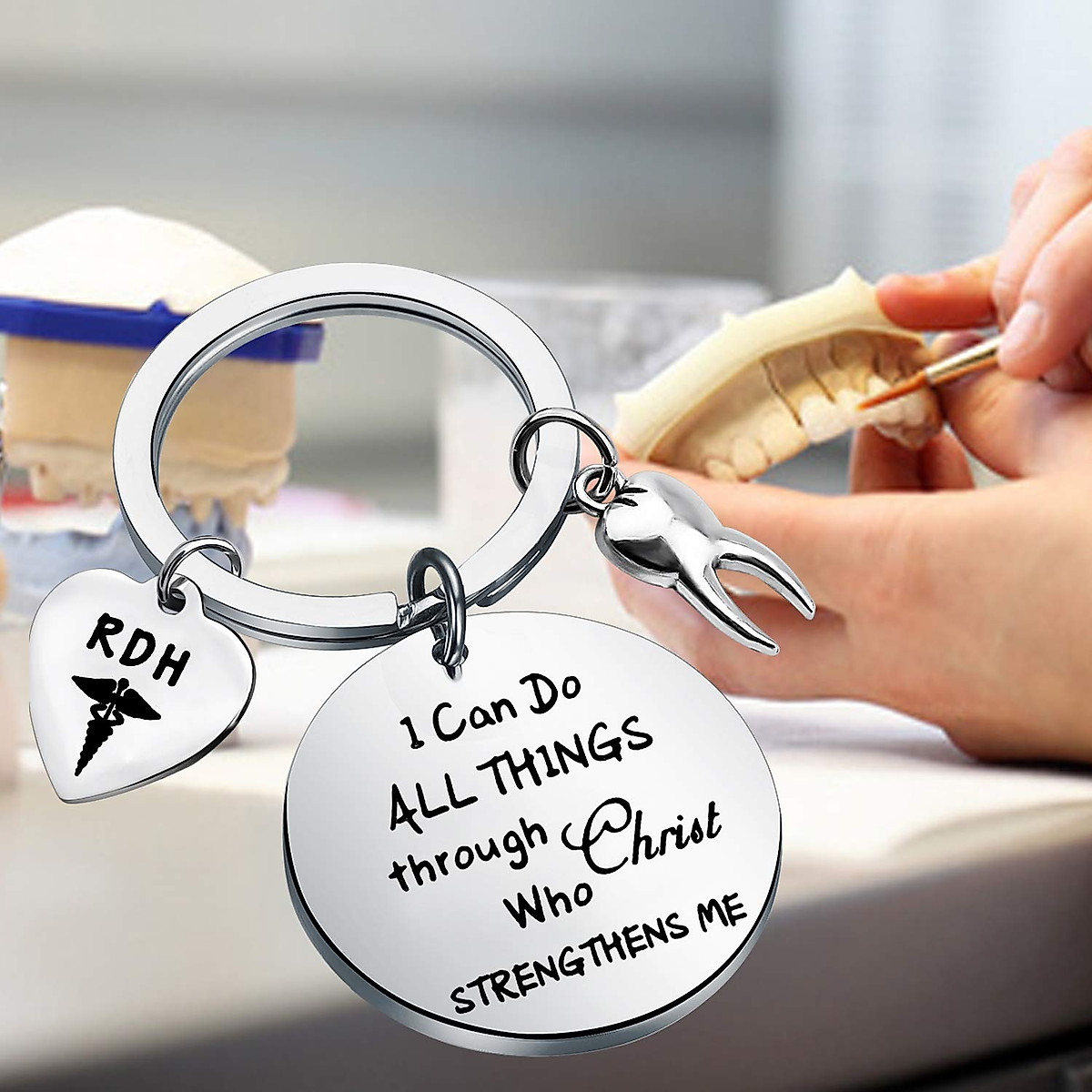 LQRI Dentist Gift Registered Dental Hygienist Gift I Can Do All Things Through Christ Who Strengthens Me Keychain Dental Jewelry Dentist Retirement Gift RDH Graduation Gift (sliver)