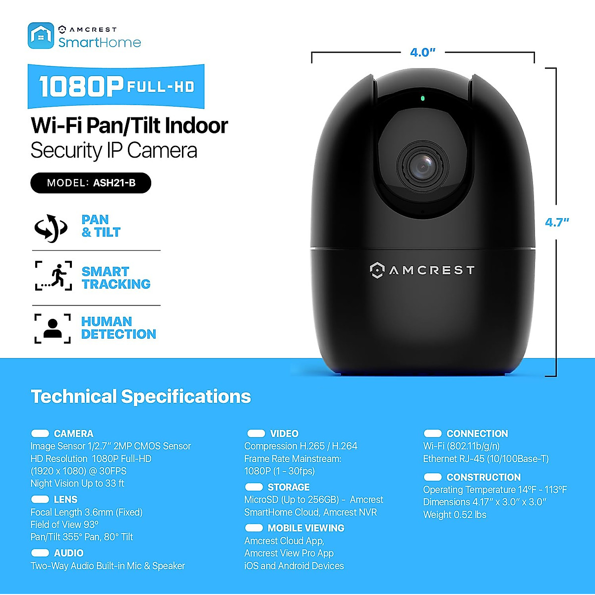 Amcrest 1080P WiFi Camera Indoor, Nanny Cam, Dog Camera, Sound & Baby Monitor, Human & Pet Detection, Motion-Tracking, 2.4Ghz Only, Pan/Tilt Wireless IP Camera, Night Vision, Smart Home ASH21-B