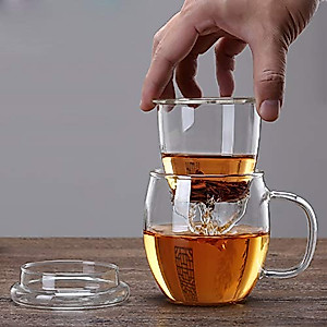 CHNTEA Tea Mug Glass Beautiful Cup with Infuser and Lid for Steeping,12 Ounces Transparent Snare Drum Mug