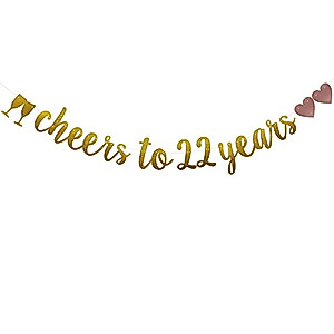 Cheers to 22 Years Banner, Pre-Strung, Gold Glitter Paper Garlands for 22nd Birthday / Wedding Anniversary Party Decorations Supplies, No Assembly Required,(Gold)SUNbetterland