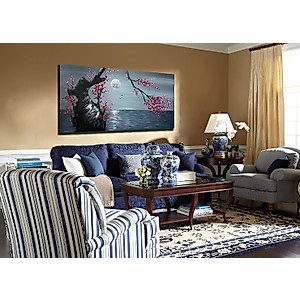 V-inspire Art, 24x48 Inch Hand-Painted Floral Artwork - Plum blossoms blooming under the moon - Chinese Paintings Canvas Wall art for Living room On Bedroom Ready to Hang